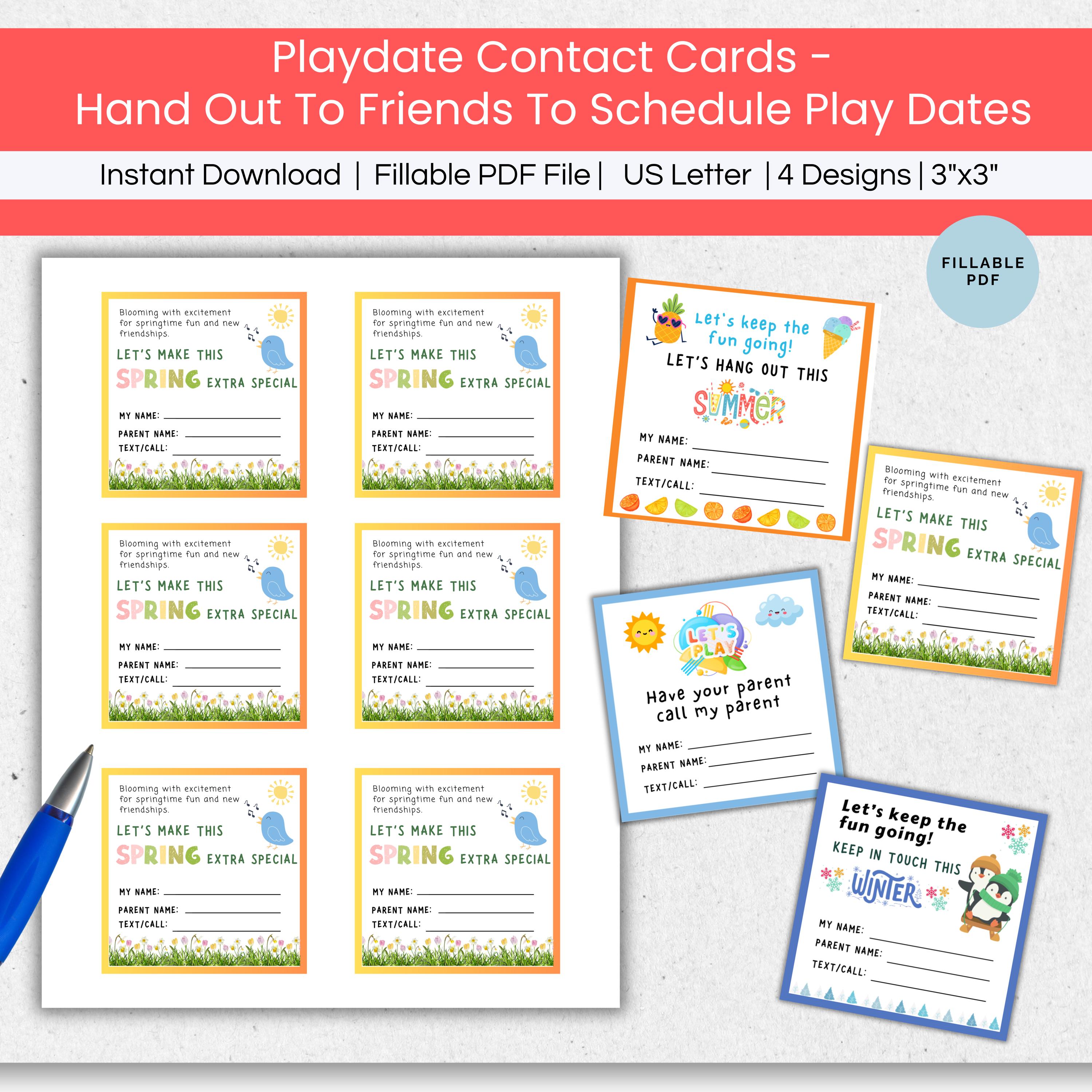 Printable Kids Playdate Cards, Fillable Keep in Touch Cards, Kids ...