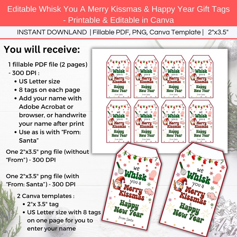 Editable We Whisk You a Merry Kissmas & Happy New Year Gift Tag, Baking ...
