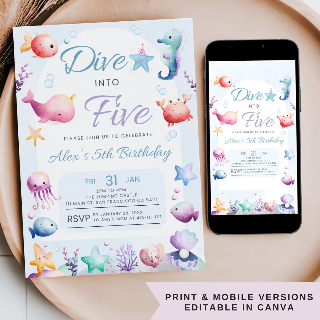 Dive Into Five Birthday Invitation, Editable Ocean Sea Creature Theme ...