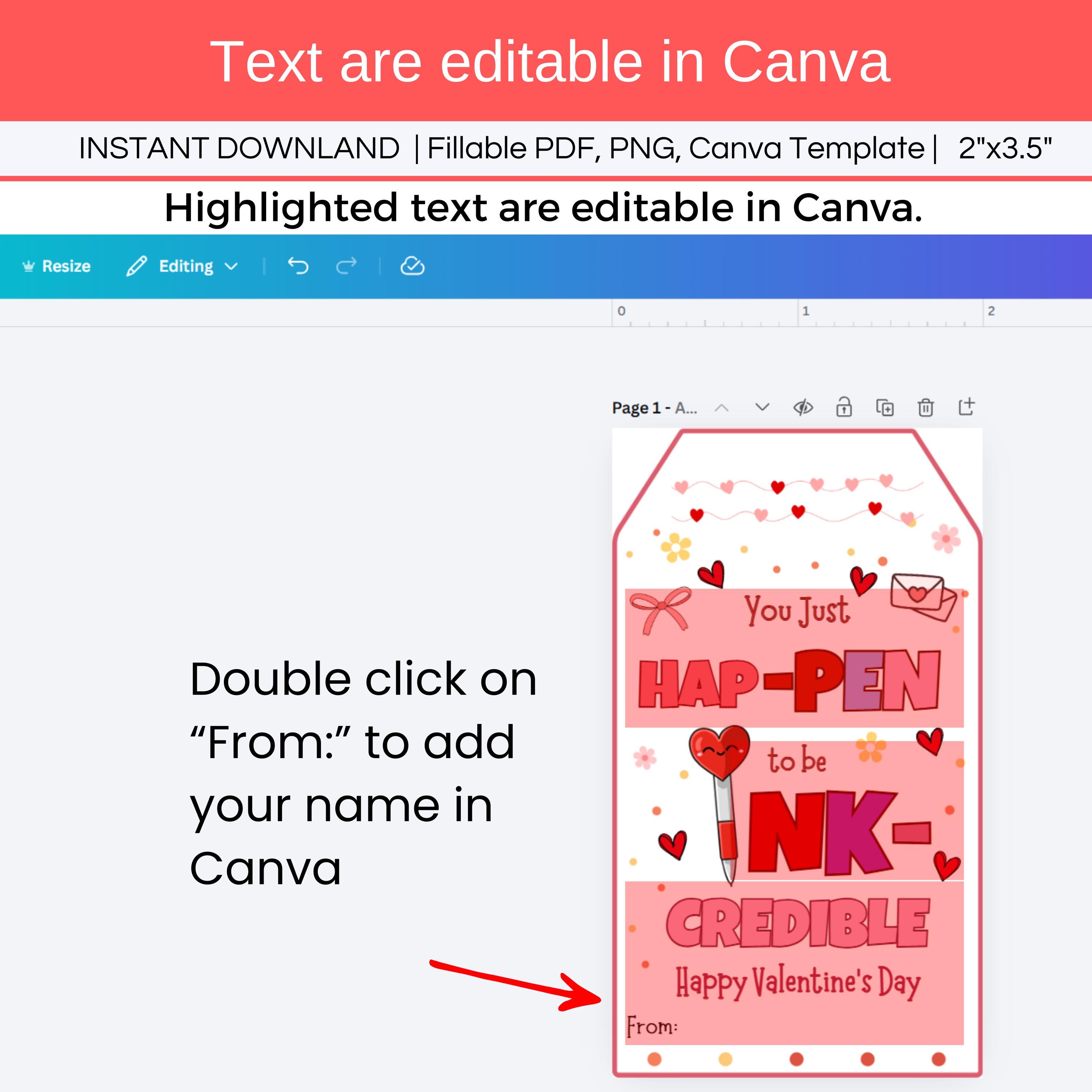Ink Pen Valentines Gift Tag Printable, Preschool Classroom Highlighter ...