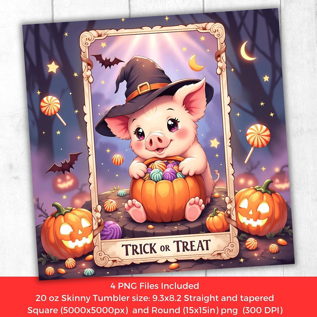 Trick or Treat Tarot Card PNG, Kawaii Cute Pig Halloween Fall Decor ...