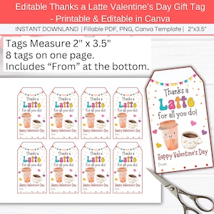 Editable Thanks A Latte Valentine Gift Tag, Coffee Valentine Gift Tag ...