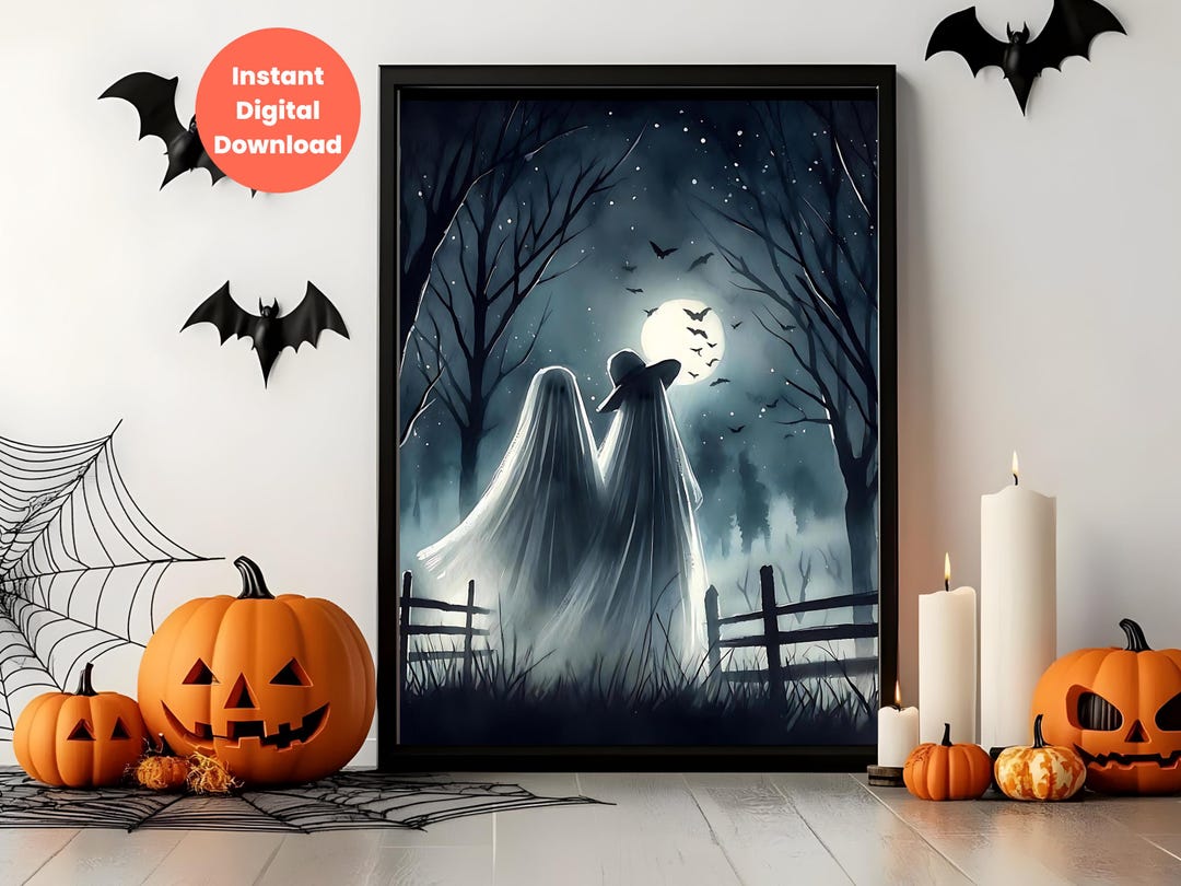 Ghost Couple in Dark Forest Halloween Wall Art Printable, Ghost Print ...