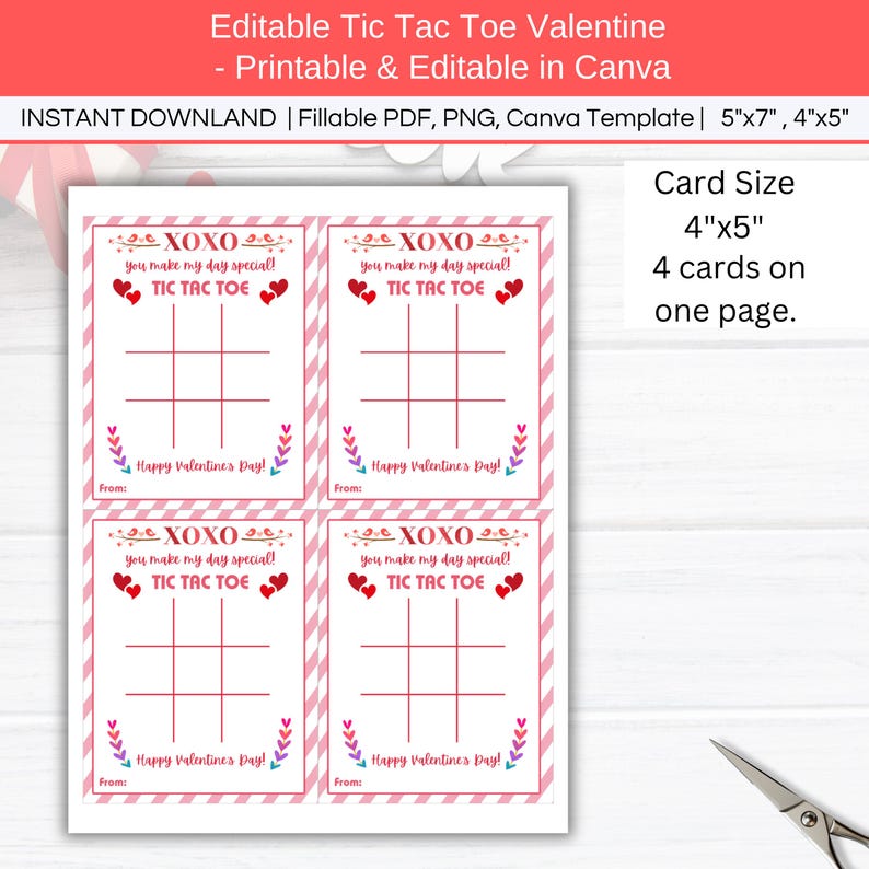 Tic Tac Toe Valentine's Day Cards, Editable Kids XOXO Valentine Gift ...