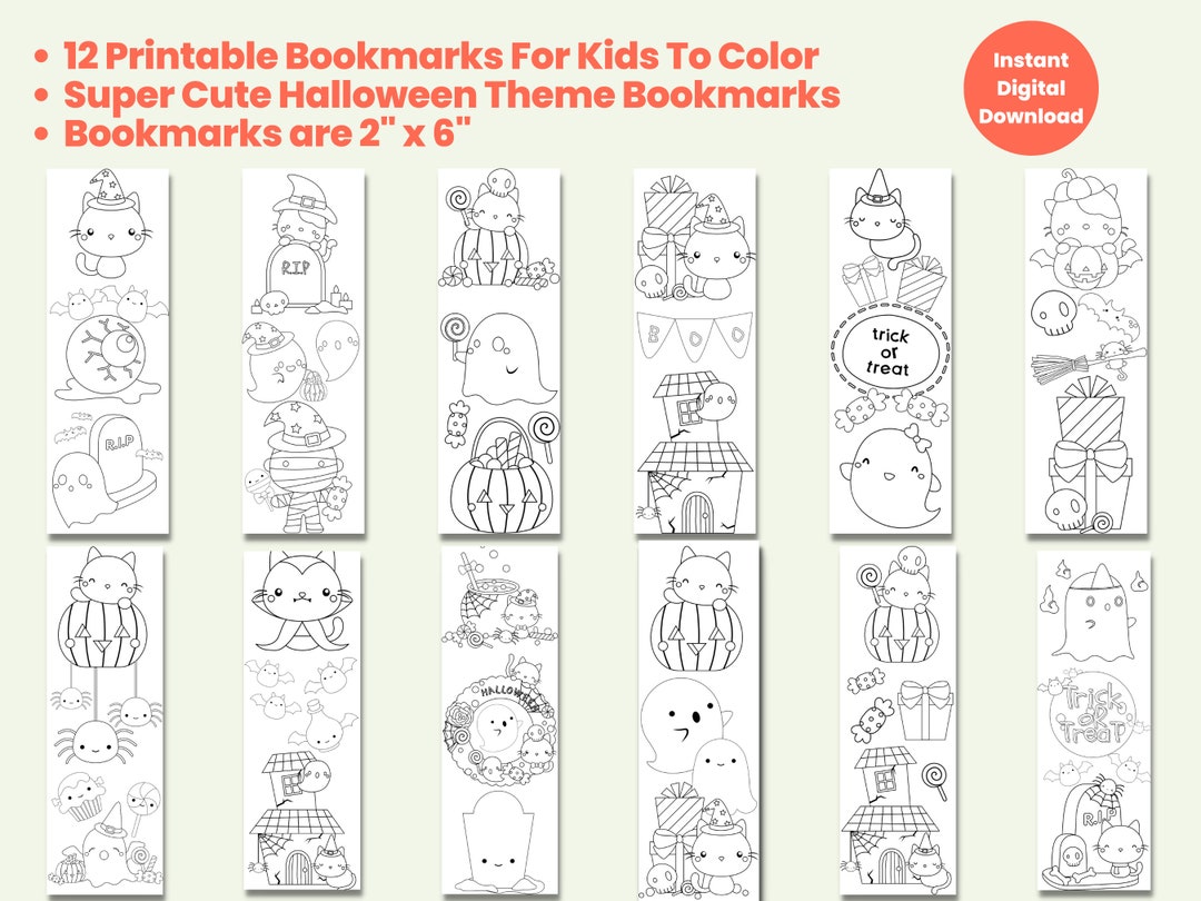 12 Printable Halloween Bookmarks for Kids to Color, Halloween Kawaii ...