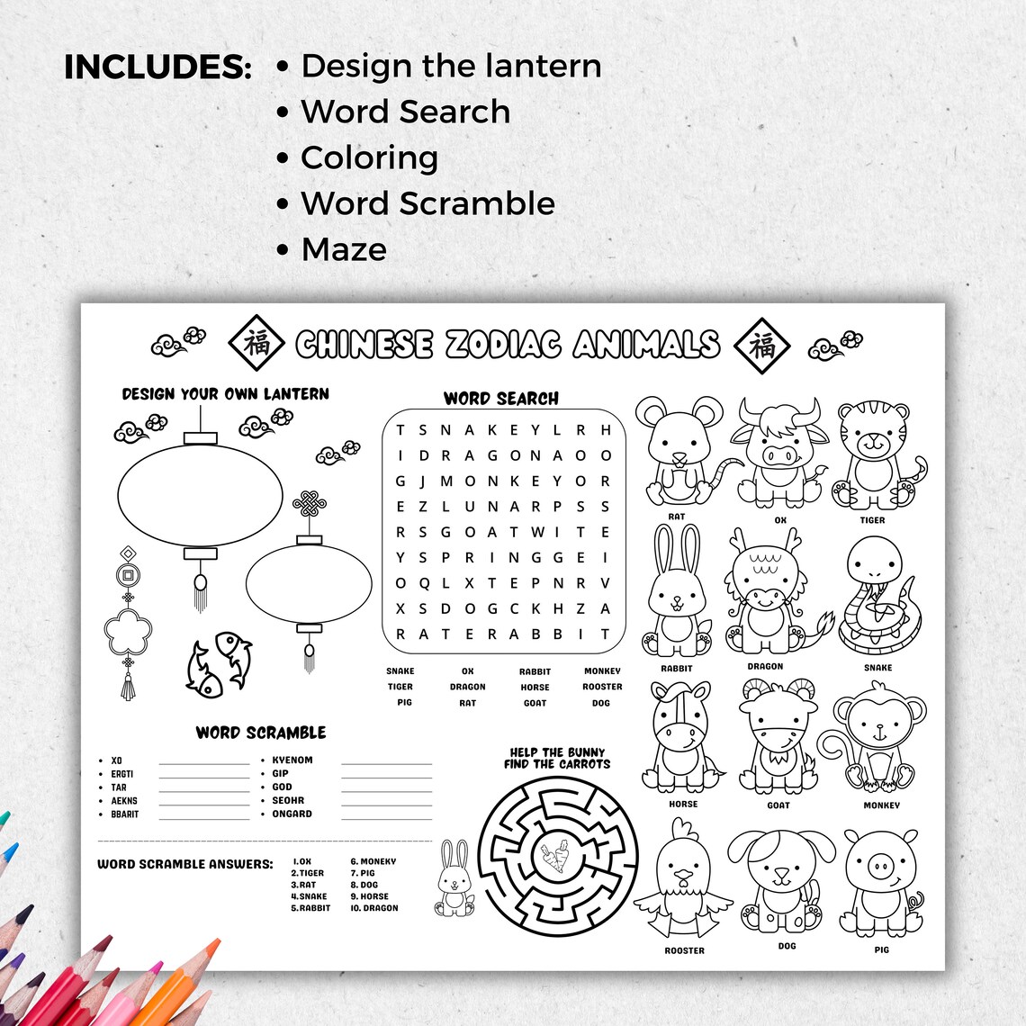 Chinese Zodiac Animals Coloring Sheet, Printable Lunar New Year ...