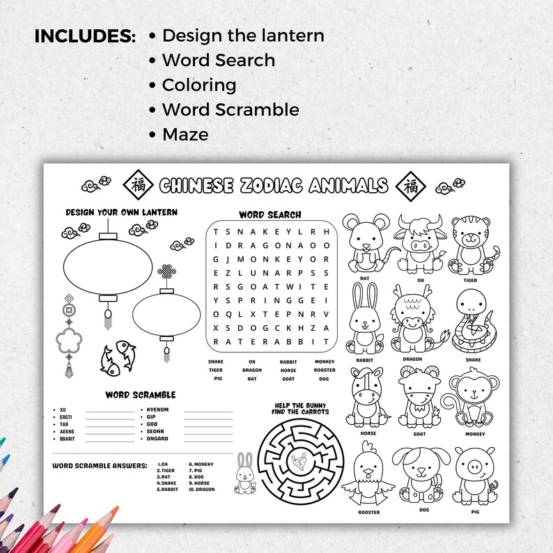 Chinese Zodiac Animals Coloring Sheet, Printable Lunar New Year ...