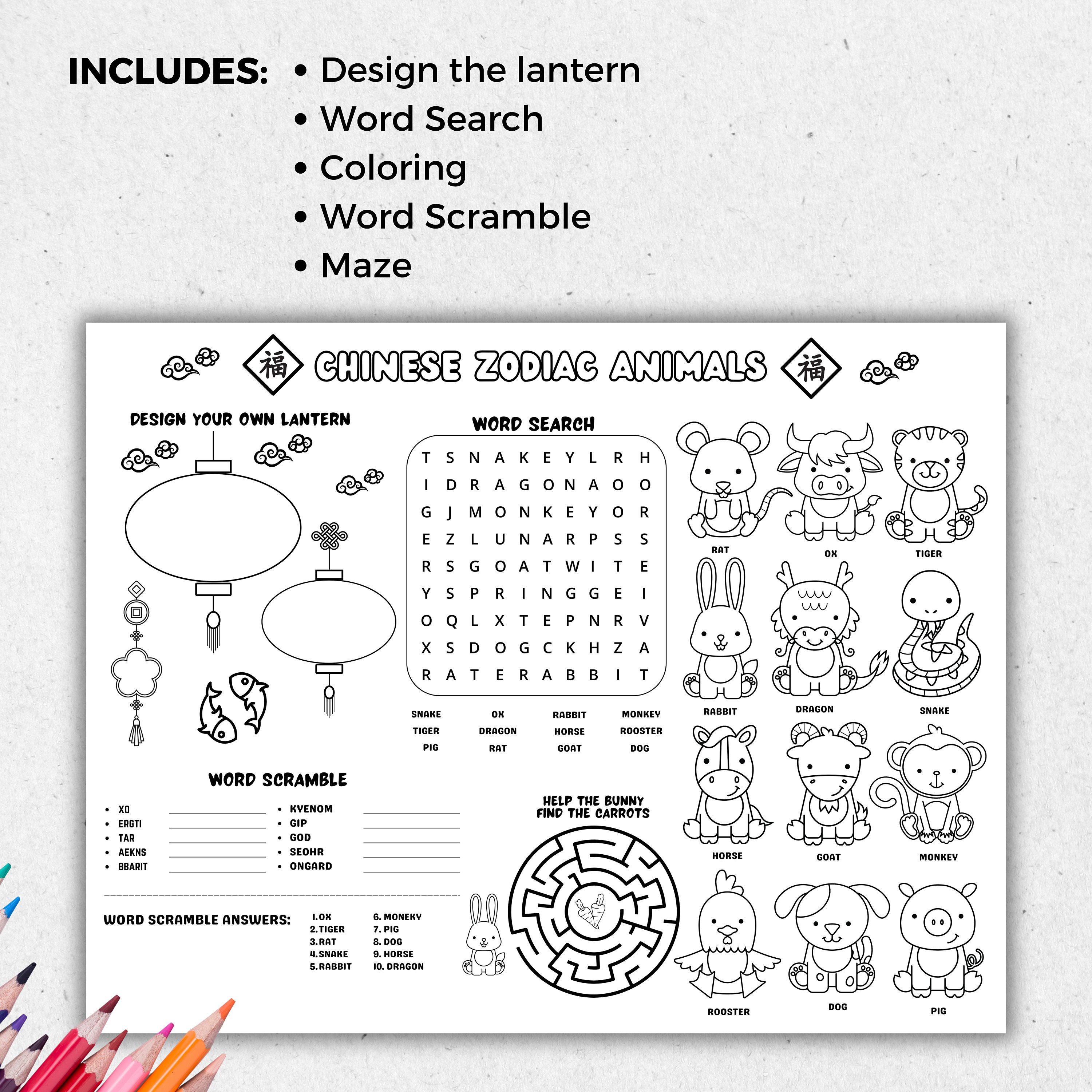 Chinese Zodiac Animals Coloring Sheet, Printable Lunar New Year ...