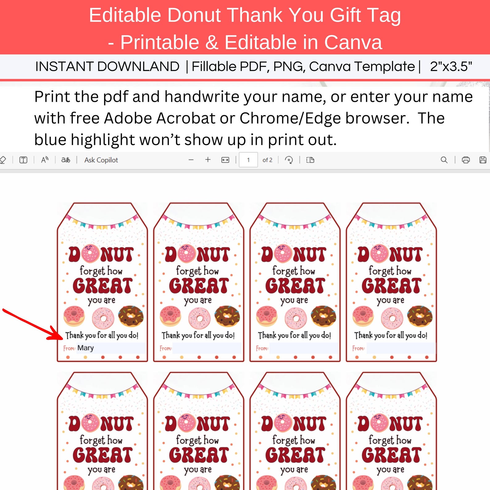 Donut Thank You Gift Tag Printable, Editable Donut Forget How Great You ...