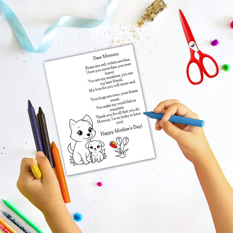 Printable Mother's Day Coloring Card With Poem, Mother's Day Poem, DIY ...