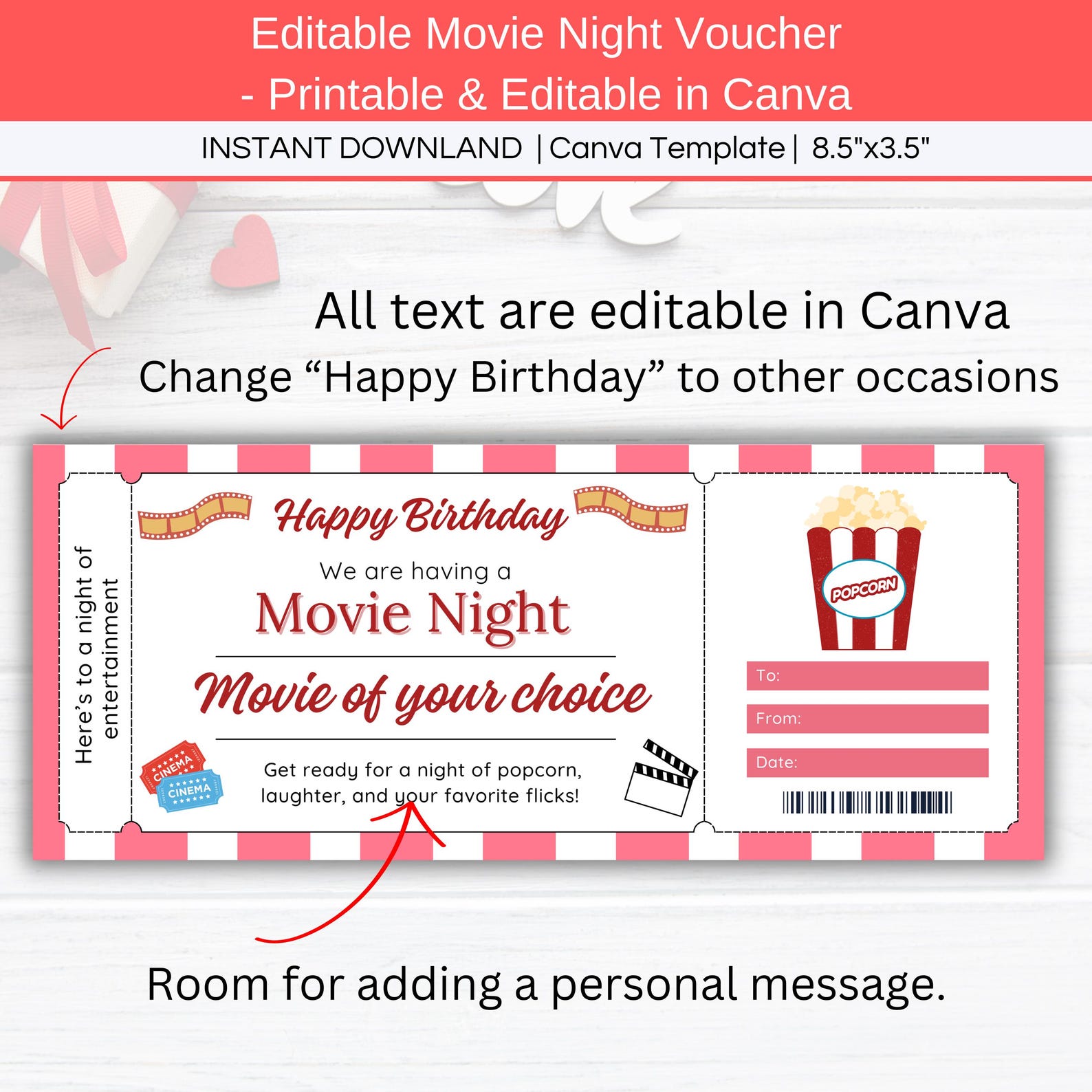 Movie Night Gift Voucher, Cinema Ticket Birthday Coupon Certificate ...