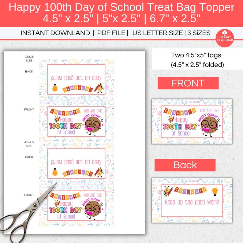 Happy 100th Day of School Treat Bag Topper Printable, 100 Days Smarter ...