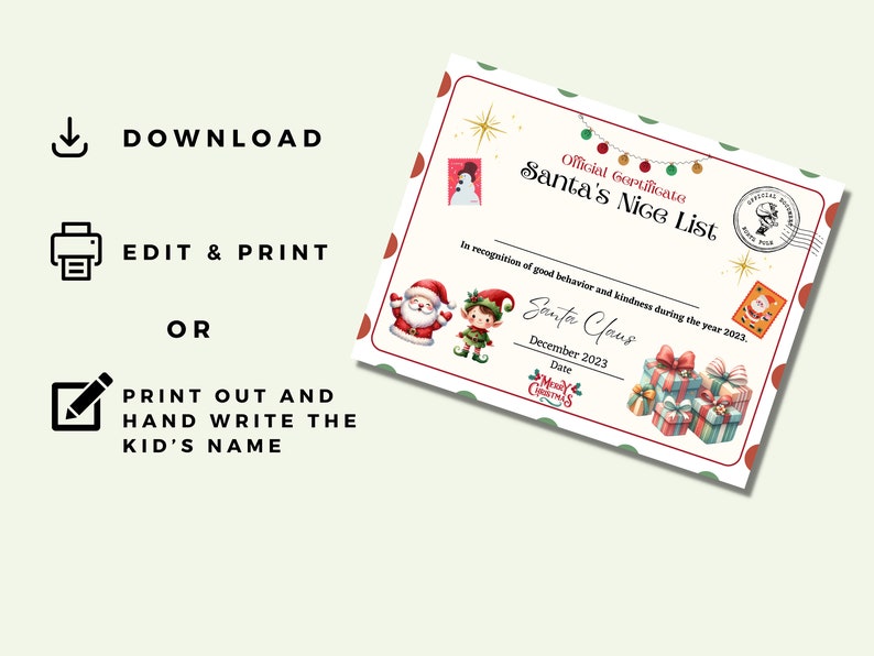 Nice List Certificate From Santa, Letter From Santa Elf, Santa's Nice ...