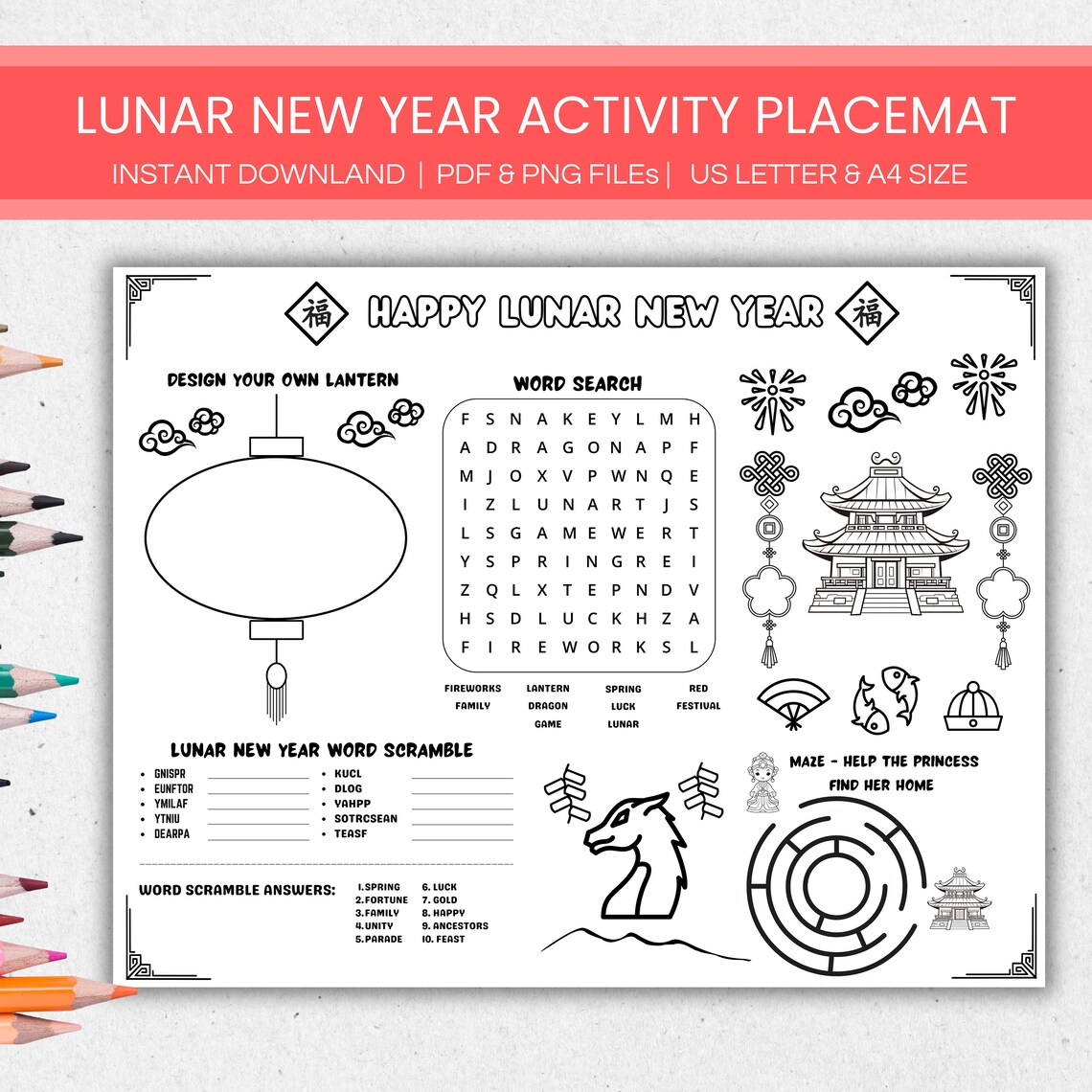 Printable Lunar New Year Activity Placemat for Kids, Year of Dragon ...