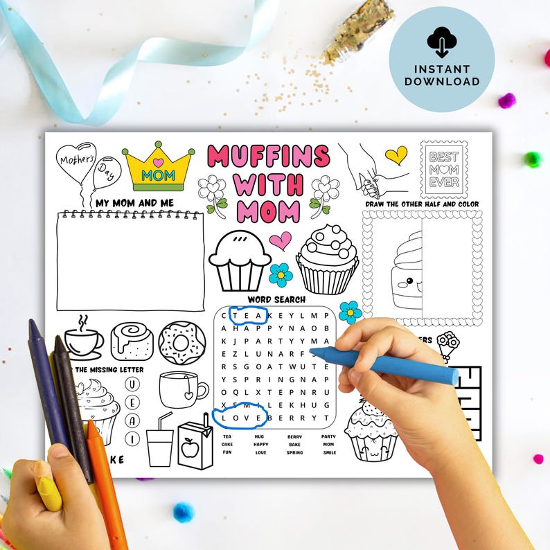 Muffins With Mom Mother's Day Activity Coloring Placemat Printable, Kid ...