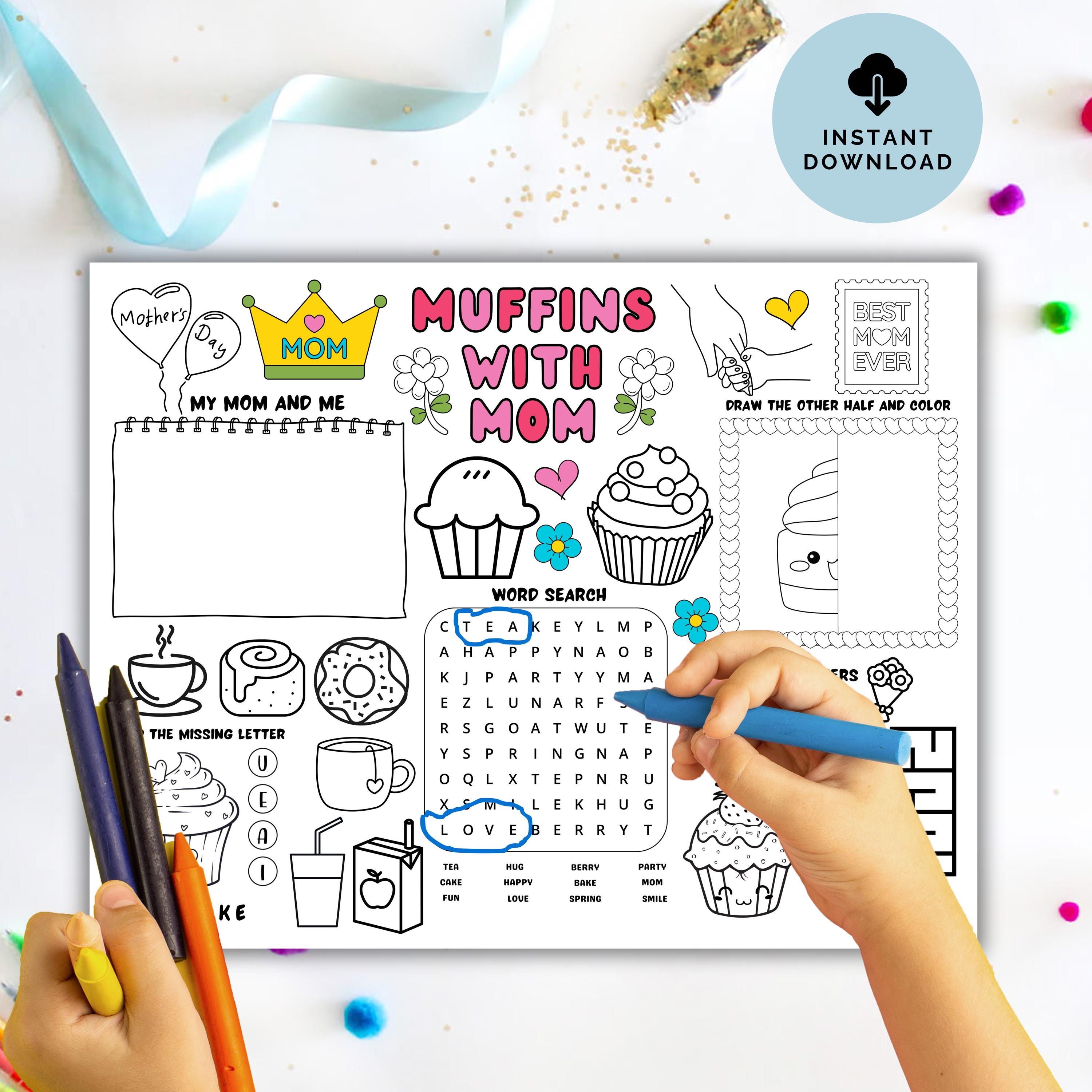 Muffins With Mom Mother's Day Activity Coloring Placemat Printable, Kid ...