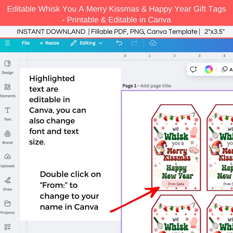 Editable We Whisk You a Merry Kissmas & Happy New Year Gift Tag, Baking ...