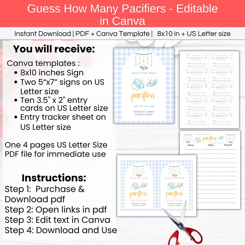 Guess How Many Pacifier Game Printable Sign, Answer Card, Tracking ...