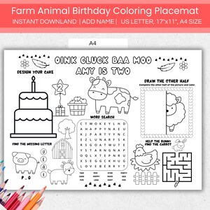 Farm Animal Birthday Party Coloring Page Activity Placemat Sheet, Oink ...