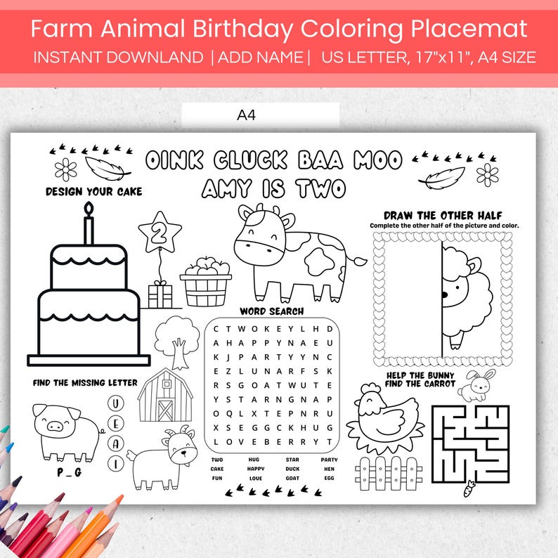 Farm Animal Birthday Party Coloring Page Activity Placemat Sheet, Oink ...