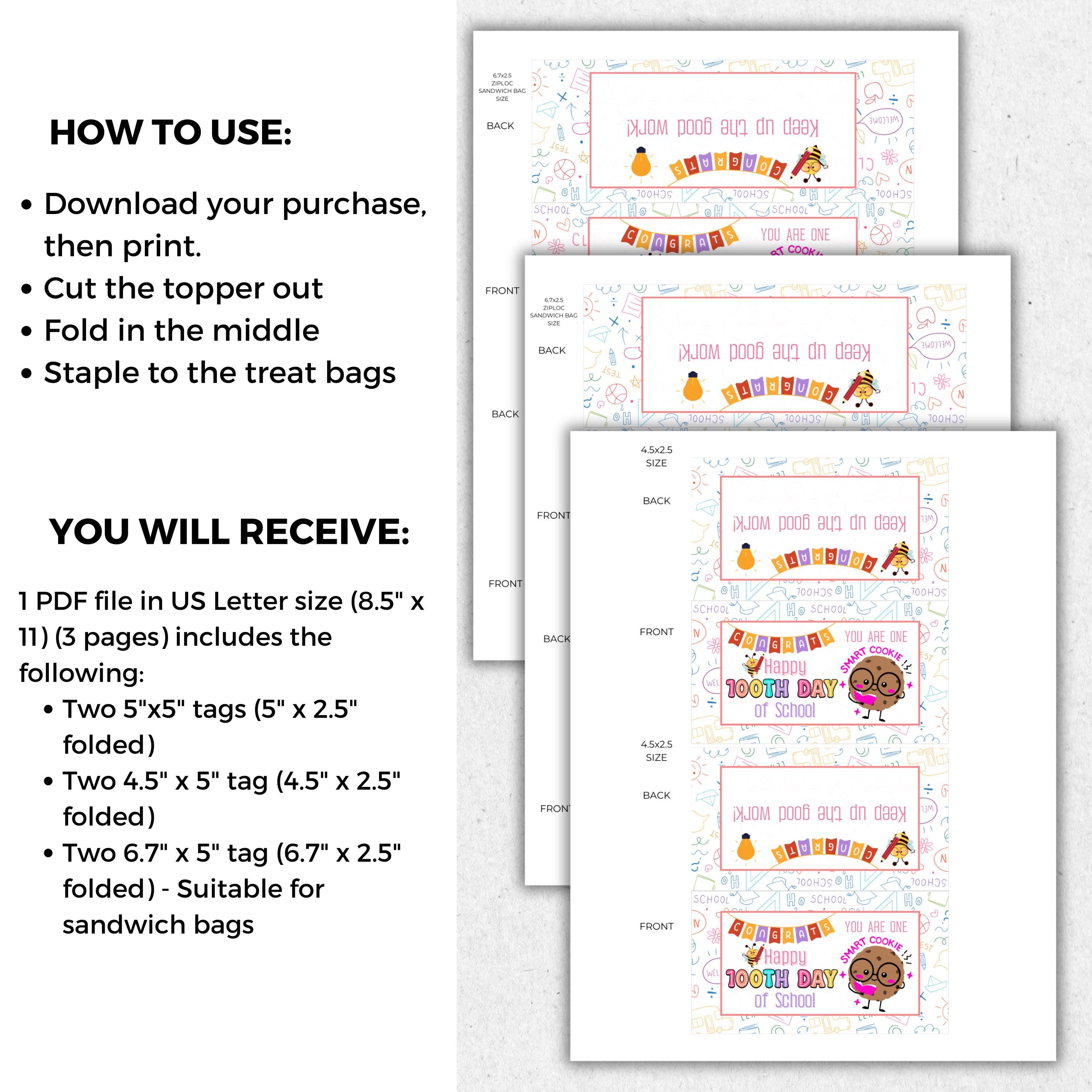 Happy 100th Day of School Treat Bag Topper Printable, 100 Days Smarter ...