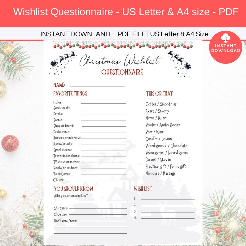 Christmas Wishlist Questionnaire Survey, Christmas Gift Tracker ...