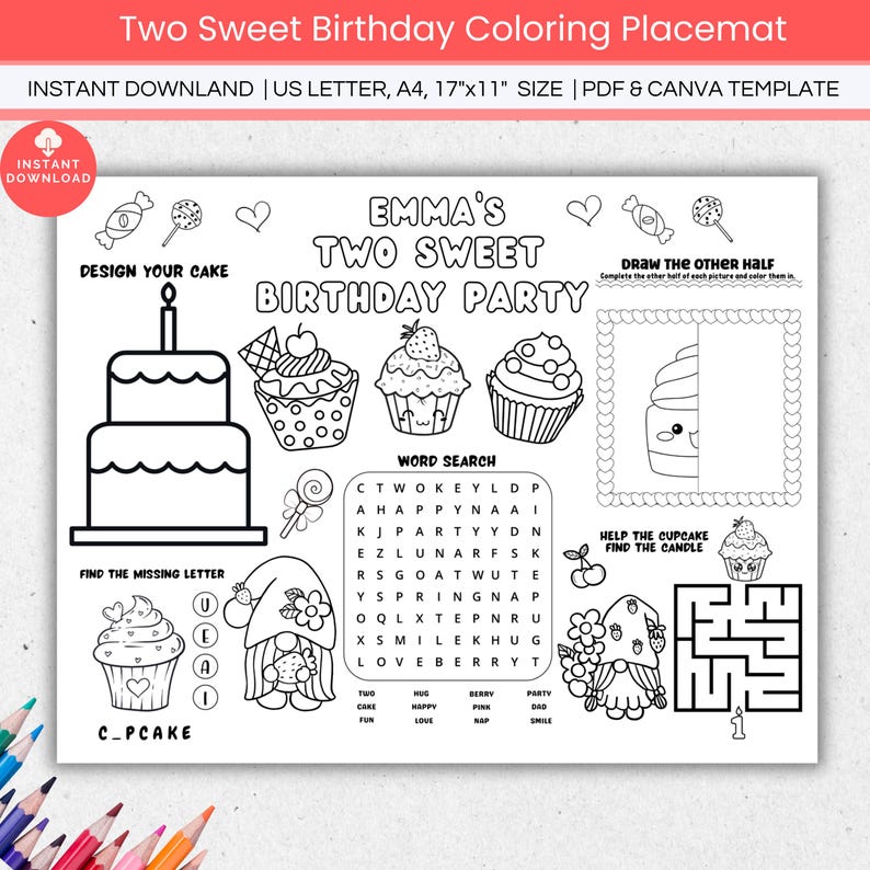 Editable Two Sweet Birthday Party Coloring Page Activity Placemat ...