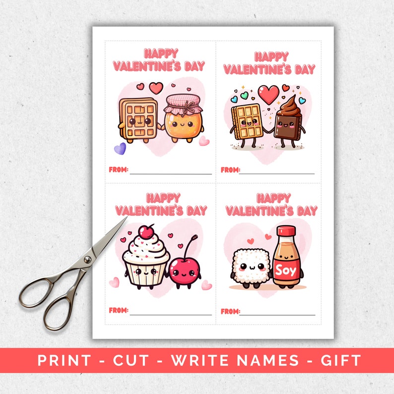 Printable Valentines Cards for Kids, Kawaii Food Valentine's Day Cards ...