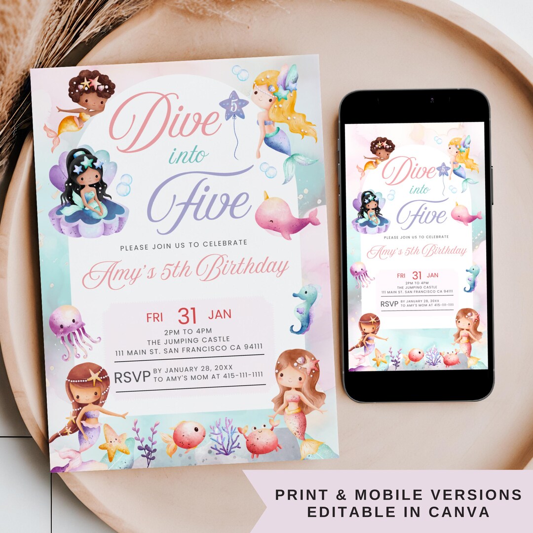 Dive Into Five Birthday Invitation, Editable Mermaid Under the Sea 5th ...