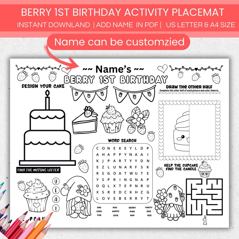 Editable Berry 1st Birthday Party Activity Placemat Coloring Sheet ...