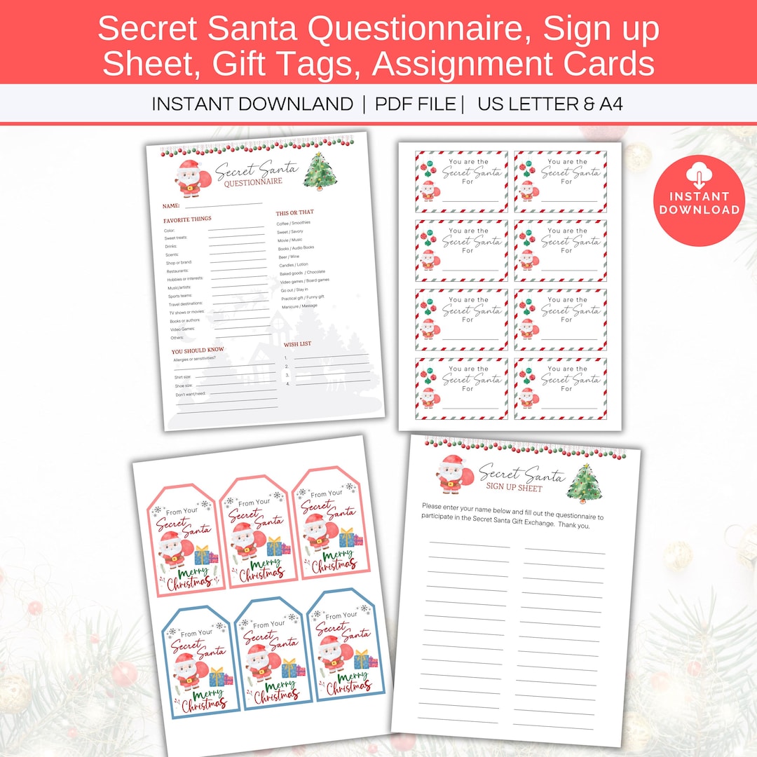Secret Santa Questionnaire Printable Bundle, Secret Santa Gift Tags ...