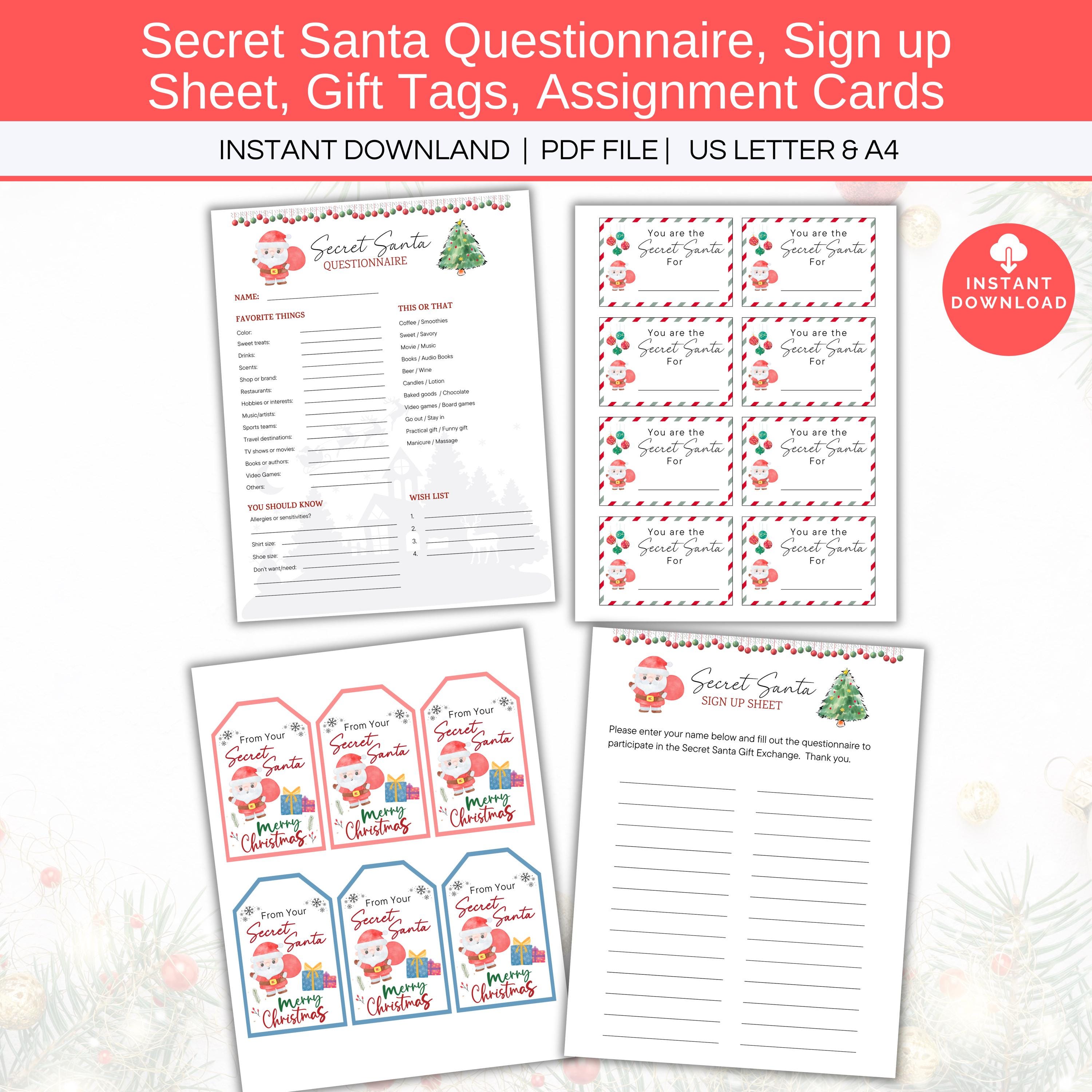 Secret Santa Questionnaire Printable Bundle, Secret Santa Gift Tags ...