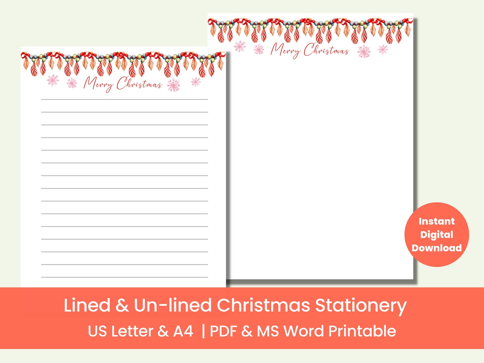 Printable Christmas Garland Stationery Digital Download Paper, Instant ...