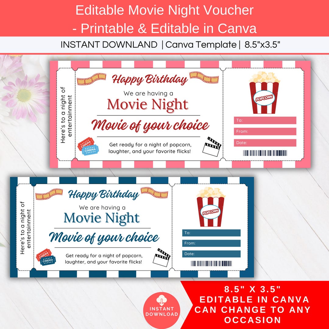 Movie Night Gift Voucher, Cinema Ticket Birthday Coupon Certificate ...