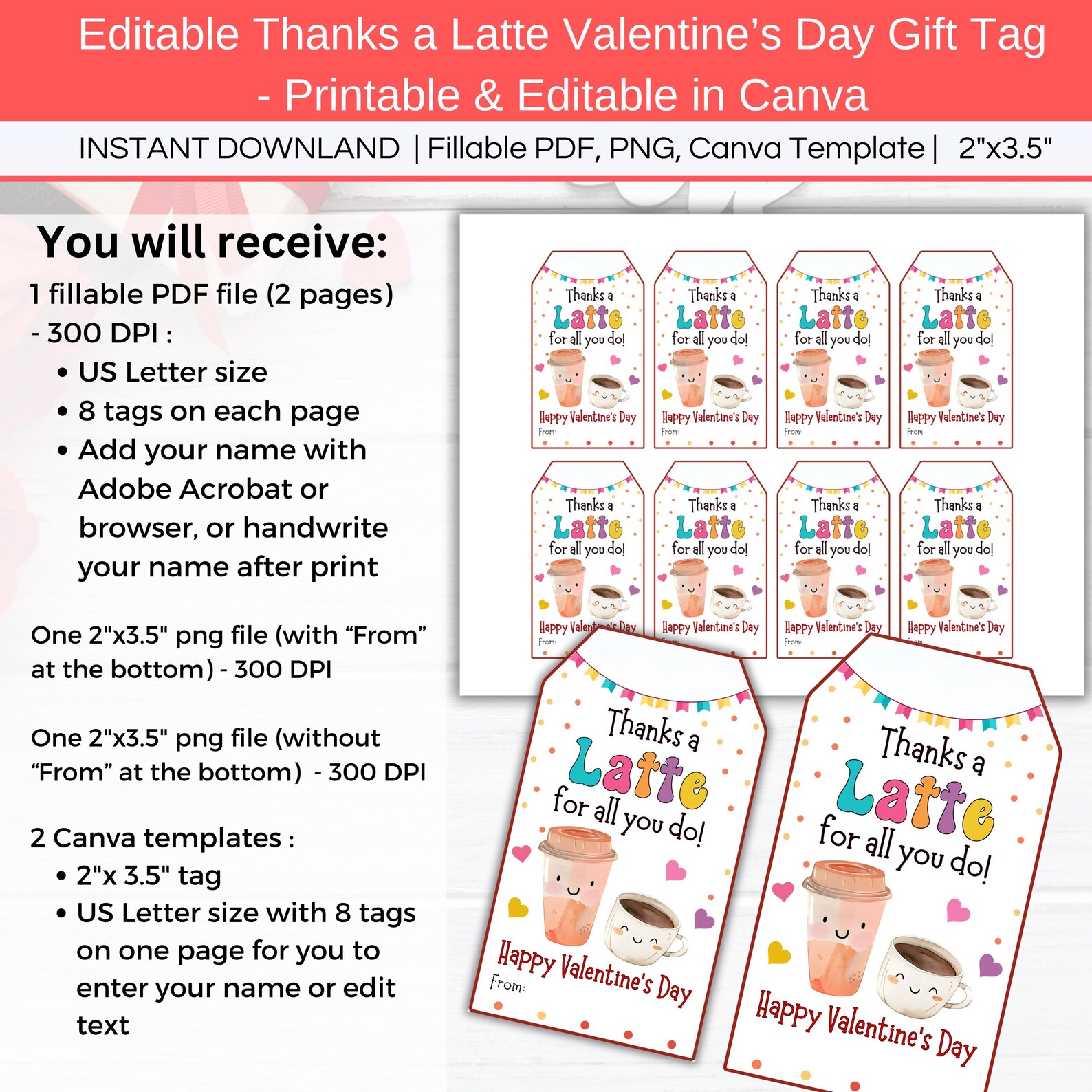 Editable Thanks A Latte Valentine Gift Tag, Coffee Valentine Gift Tag ...