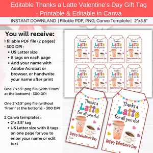 Editable Thanks A Latte Valentine Gift Tag, Coffee Valentine Gift Tag ...