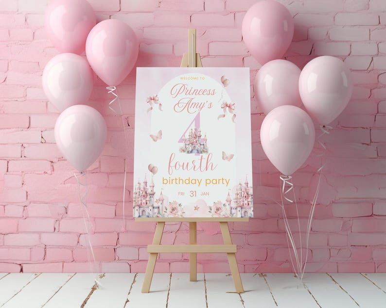 Princess Birthday Welcome Sign Poster Editable Template, Pink Bow ...