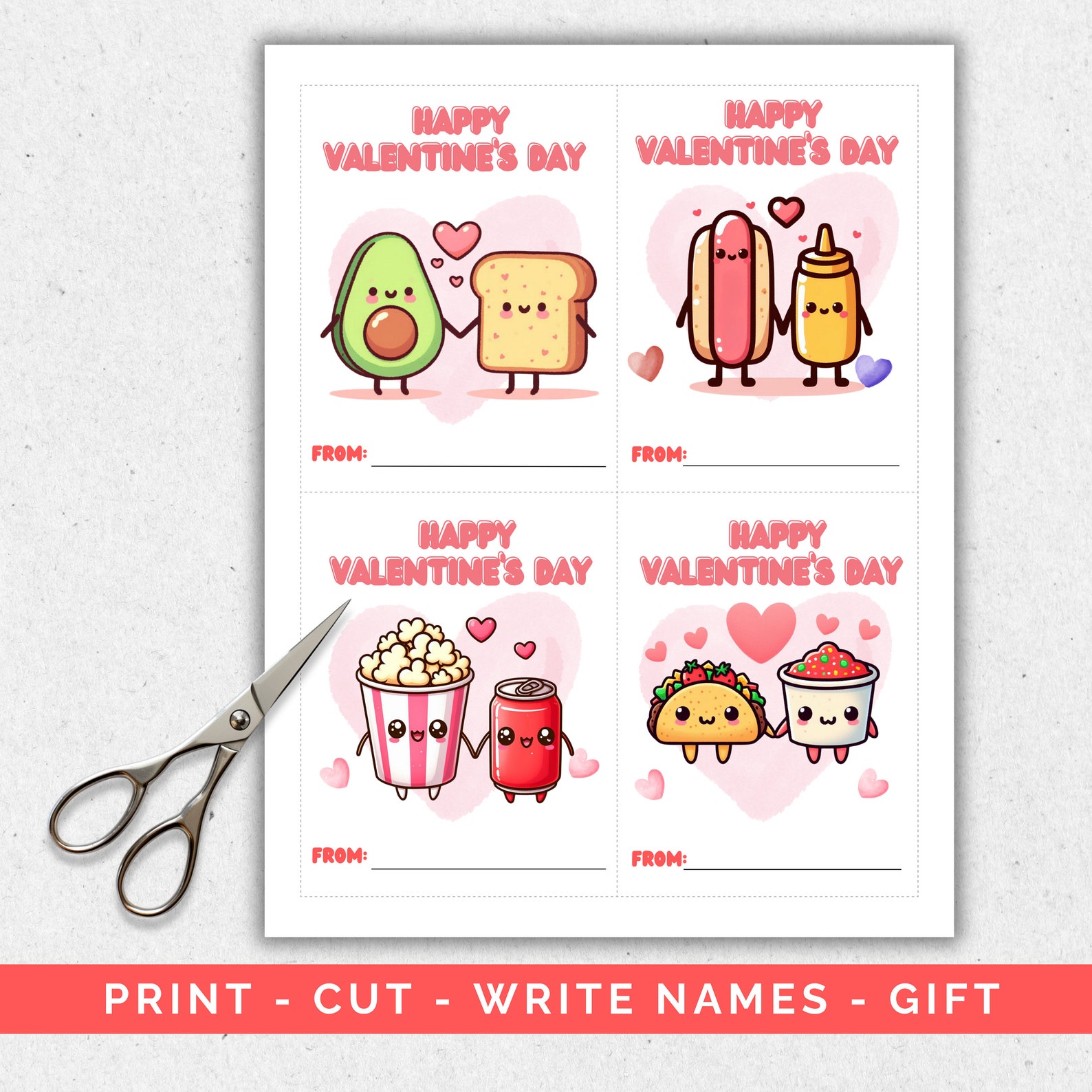 Printable Valentines Cards for Kids, Kawaii Food Valentine's Day Cards ...