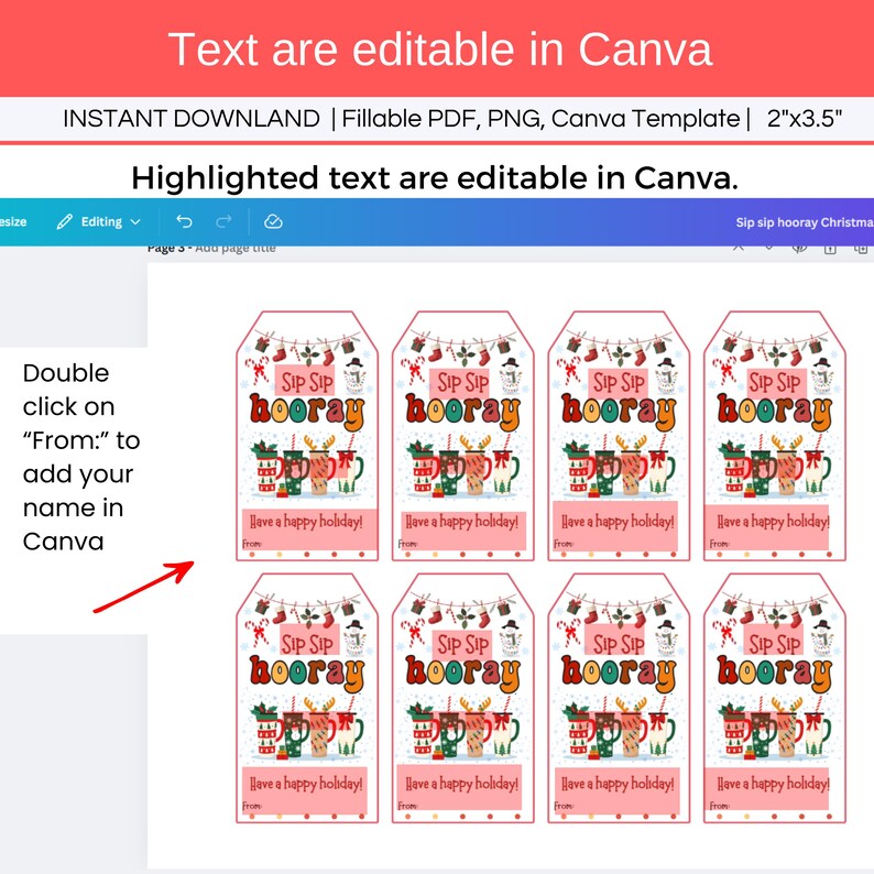 Sip Sip Hooray Teacher Tag Printable, Editable Happy Holiday Christmas ...