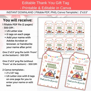 Dinner and Dishes Tag, You Deserve A Break Gift Tag Editable, School ...