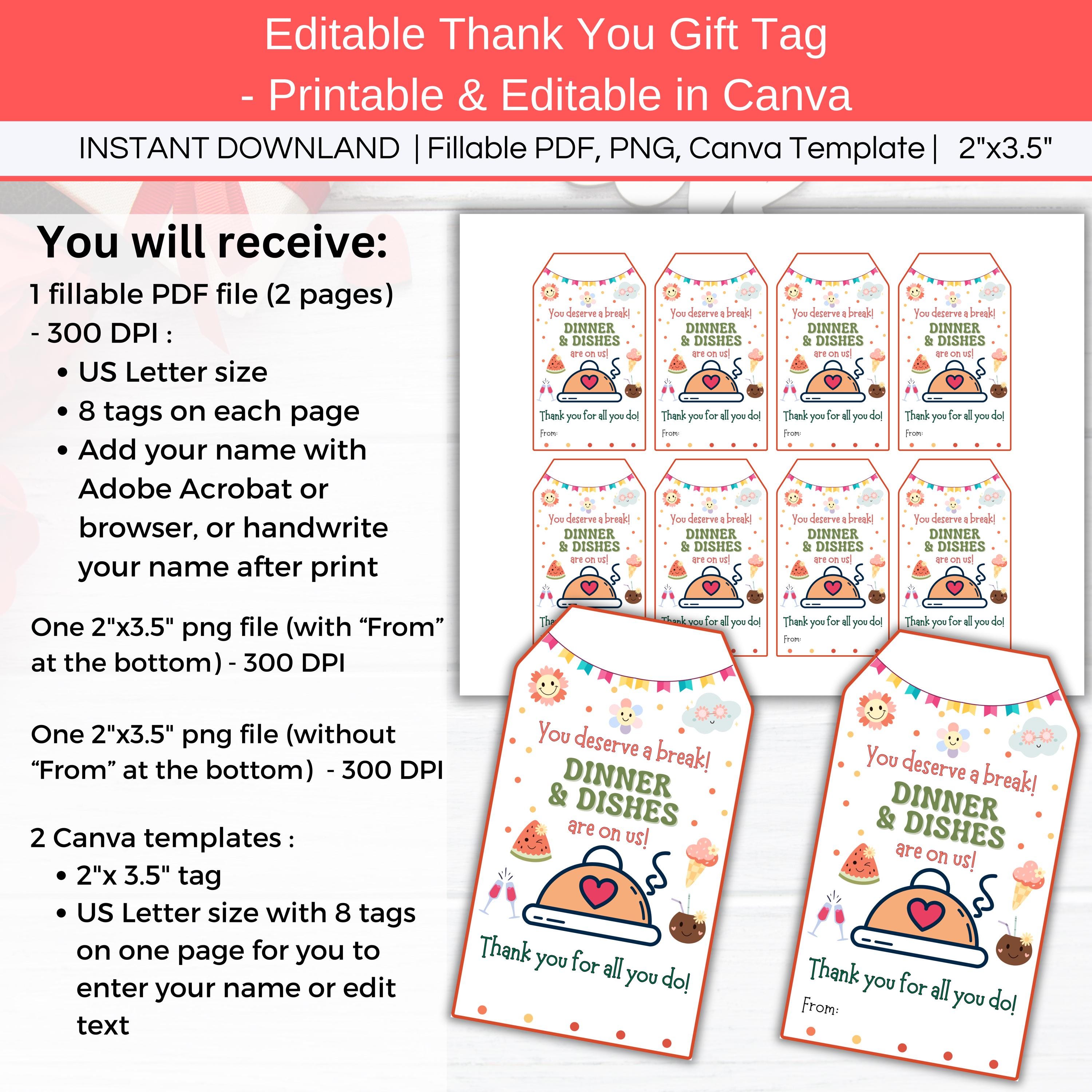 Dinner and Dishes Tag, You Deserve A Break Gift Tag Editable, School ...