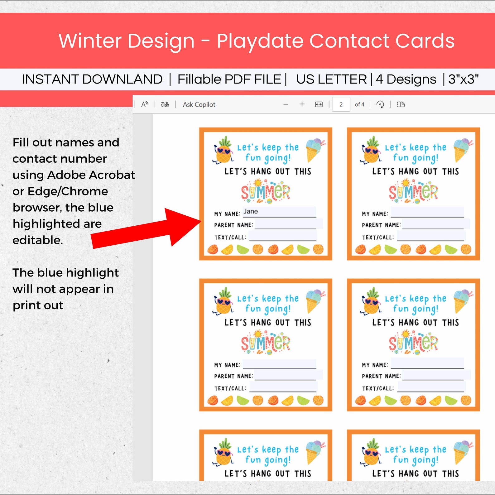 Printable Kids Playdate Cards, Fillable Keep in Touch Cards, Kids ...