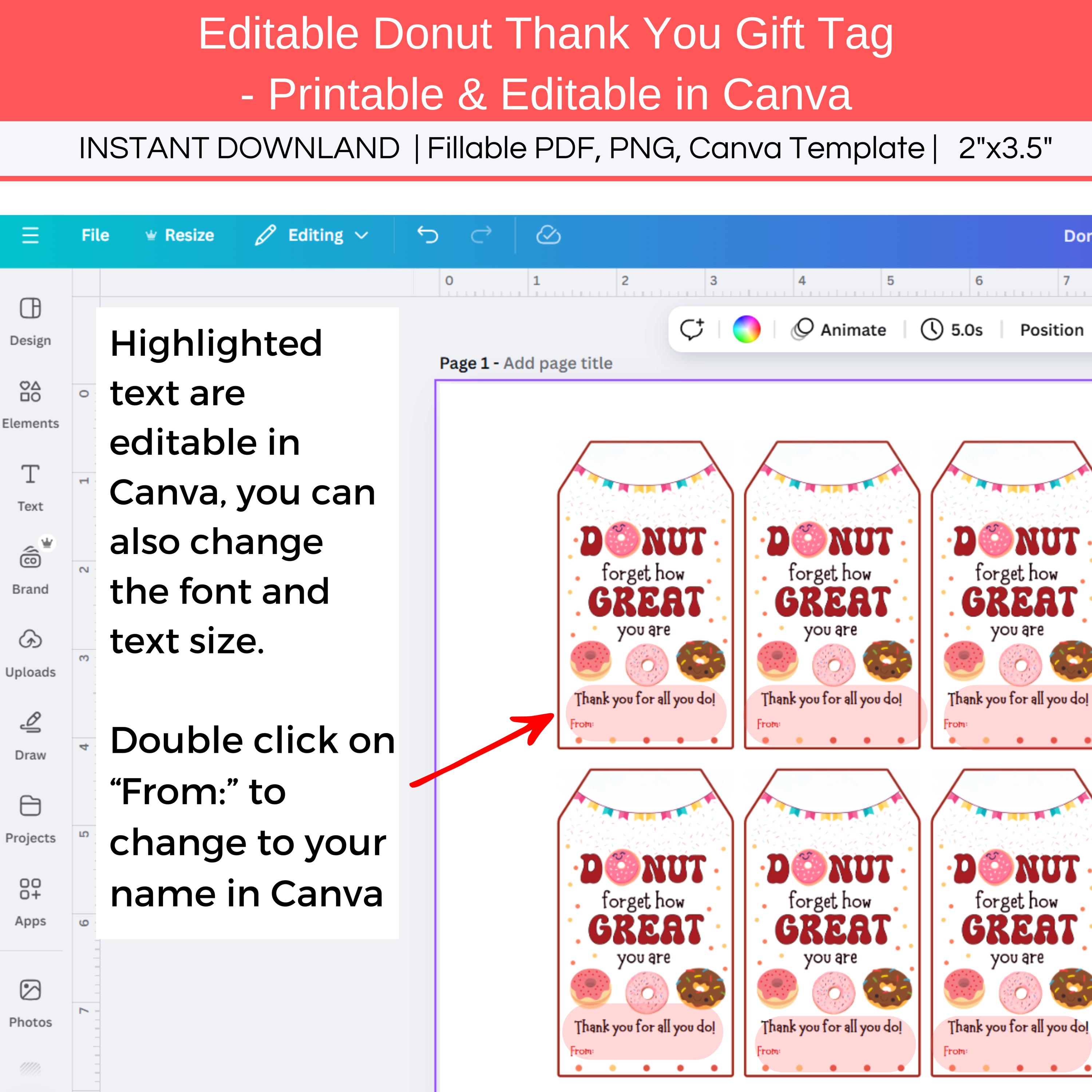 Donut Thank You Gift Tag Printable, Editable Donut Forget How Great You ...