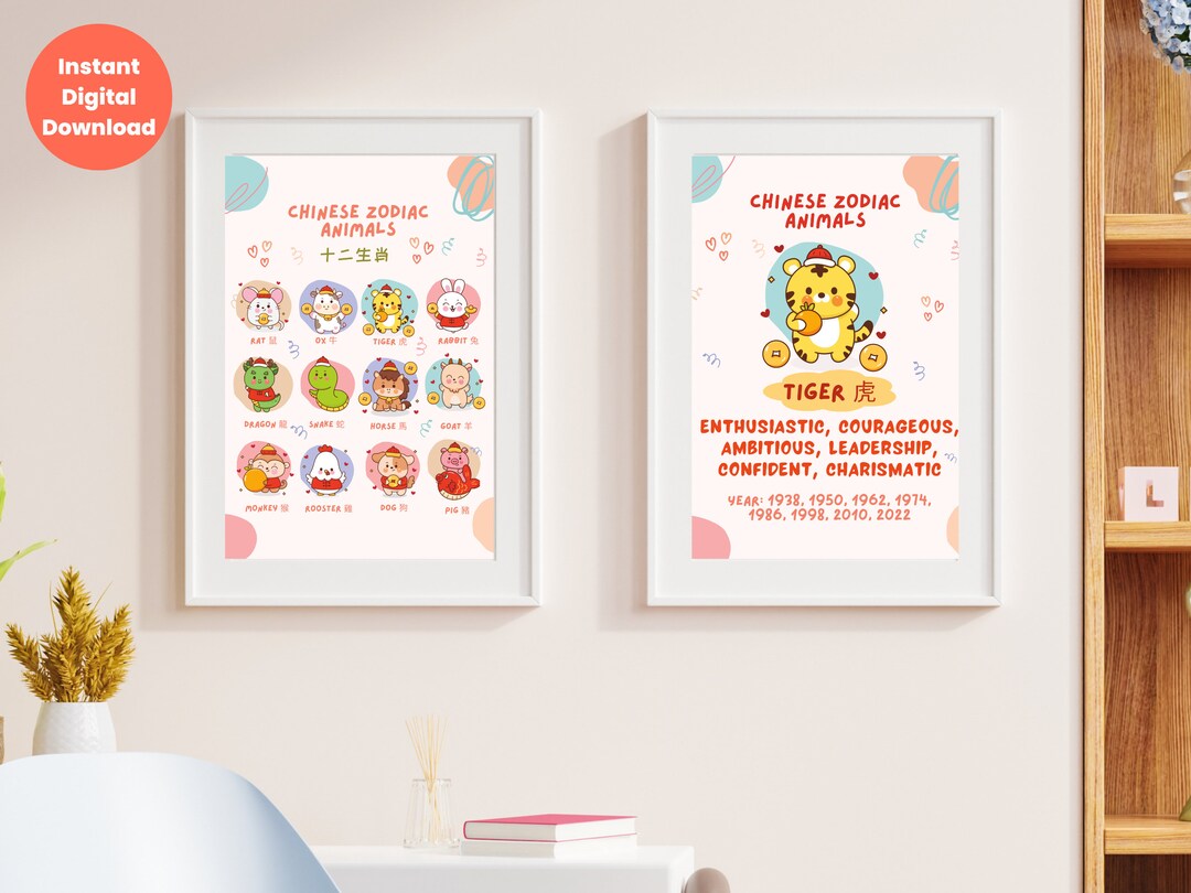 12 Chinese Zodiac Animals Signs and Year of Tiger, Set of 2 Cute ...