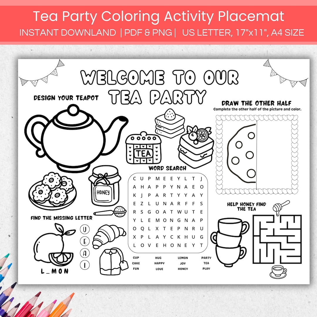 Tea Party Activity Coloring Placemat Sheet Printable, Girl Birthday Tea ...