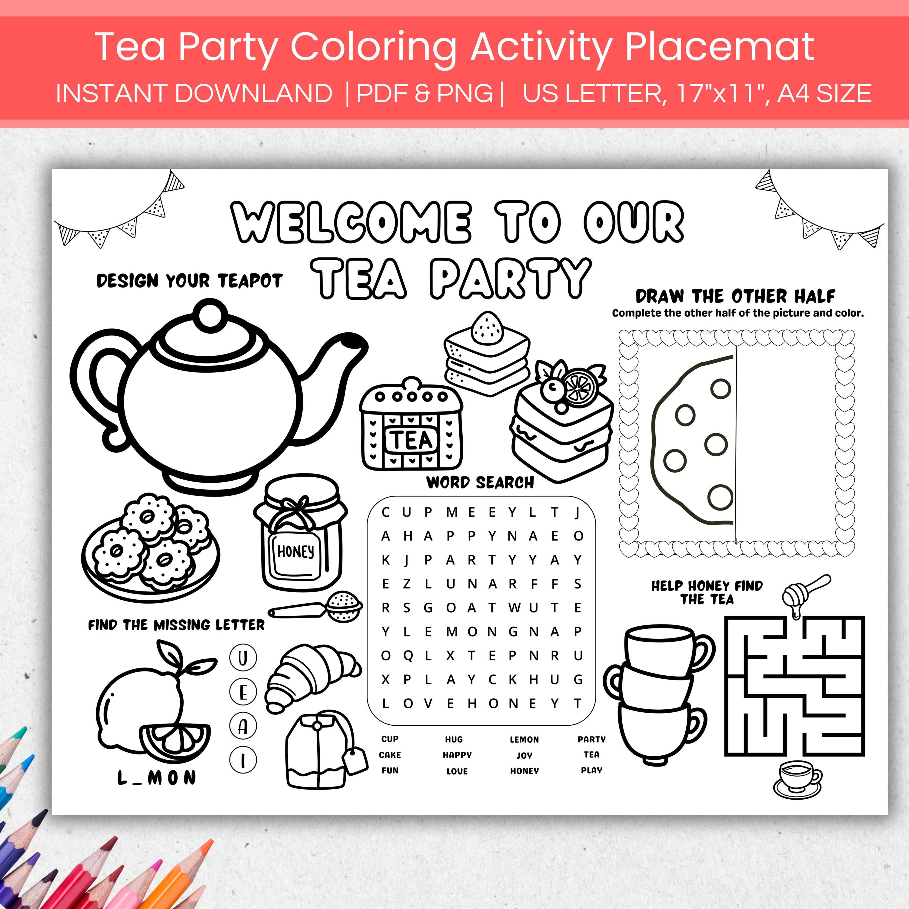 Tea Party Activity Coloring Placemat Sheet Printable, Girl Birthday Tea ...