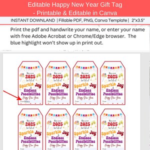Happy New Year 2025 Gift Tags Printable, Sparkle Joy Gift Tag Editable ...