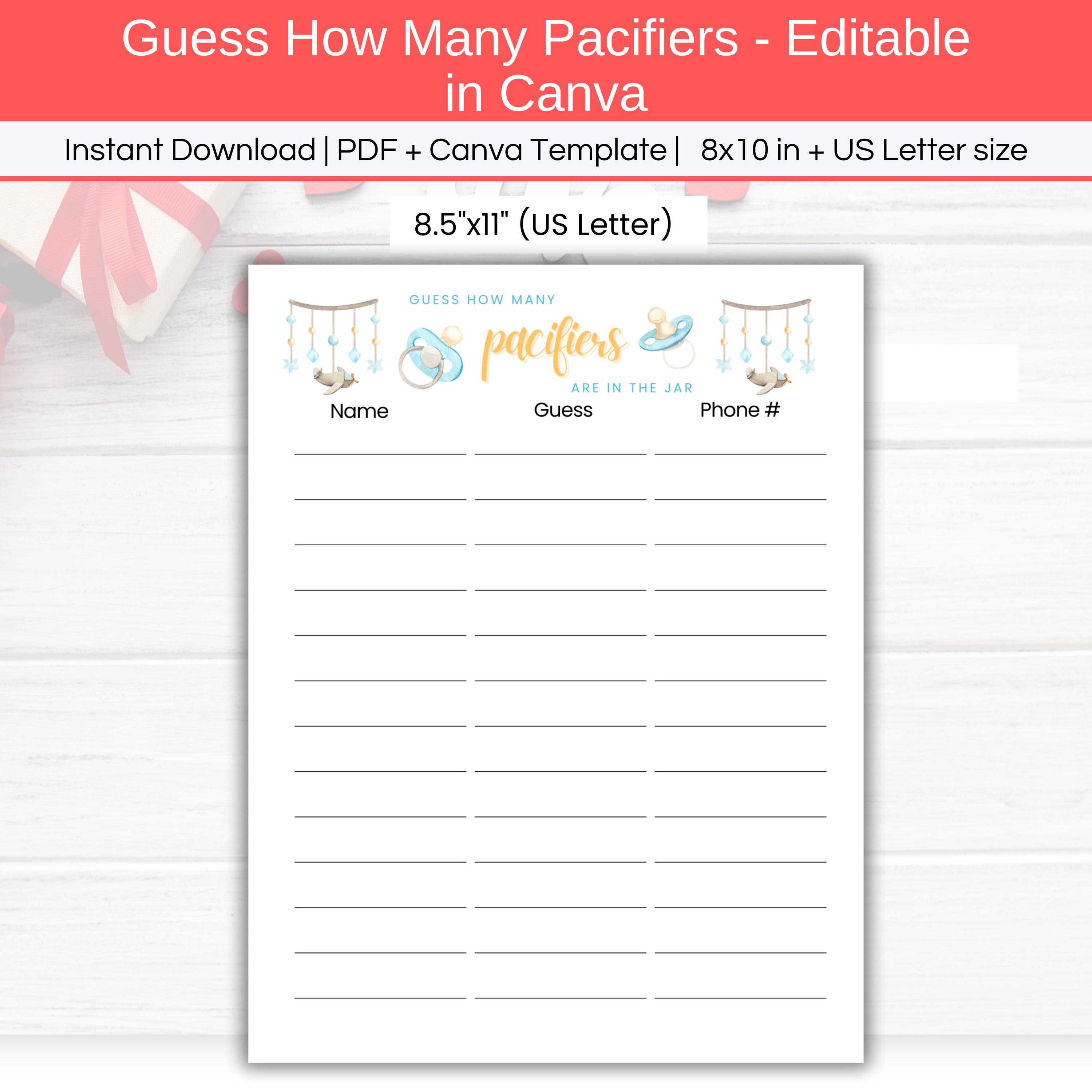 Guess How Many Pacifier Game Printable Sign, Answer Card, Tracking ...
