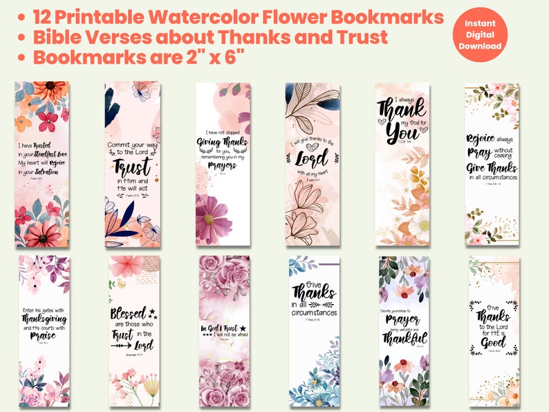 12 Bible Verses Printable Bookmark Set, Watercolor Floral Bookmarks ...