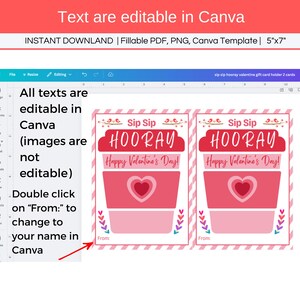 Sip Sip Hooray Valentine Gift Card Holder Printable, Editable Coffee ...